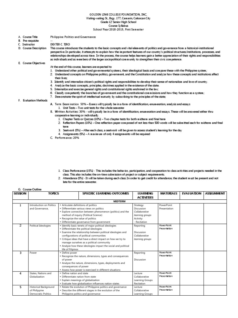 Syllabus - HUMSS - PG12 2018-2019 DCTiro | PDF | Governance | Citizenship