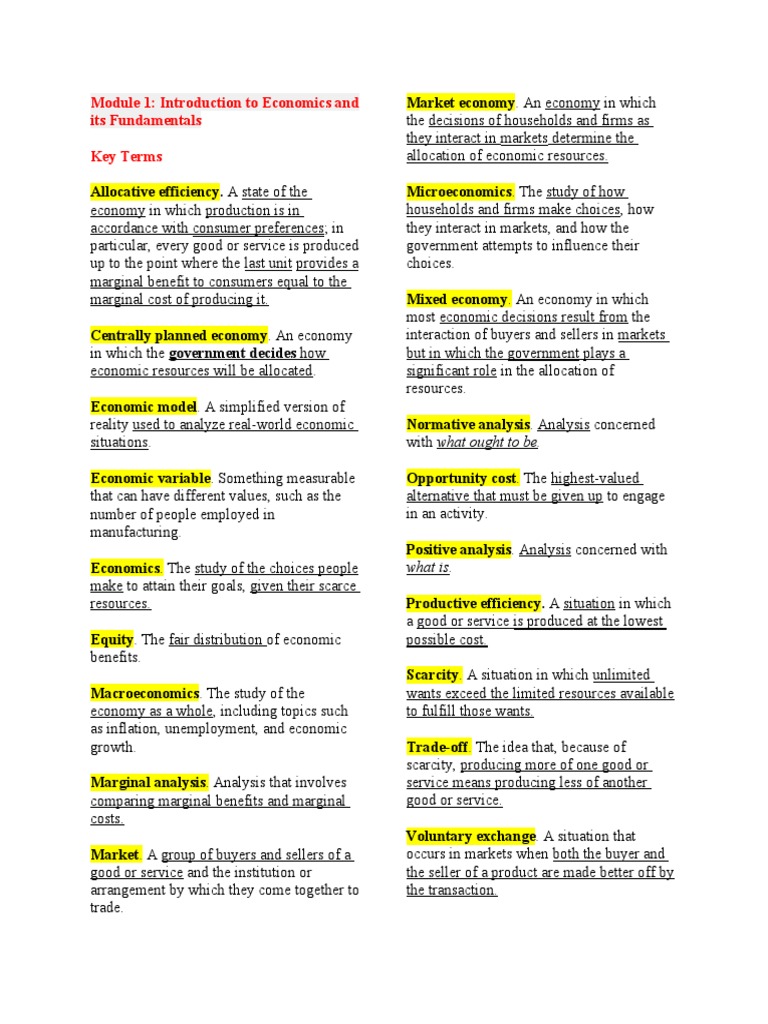 Module 1: Introduction To Economics and Its Fundamentals Key Terms ...