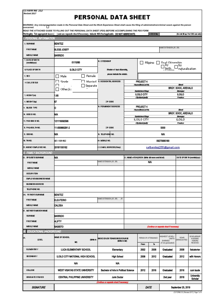 Personal Data Sheet: Filipino Dual Citizenship by Birth by ...