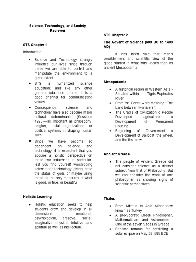 Science, Technology, and Society Reviewer STS Chapter 2 The Advent of ...
