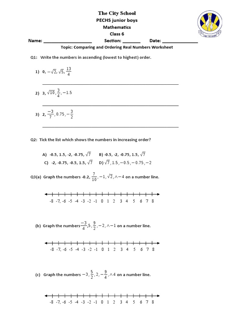 Comparing Real Numbers Worksheet | PDF | Teaching Mathematics
