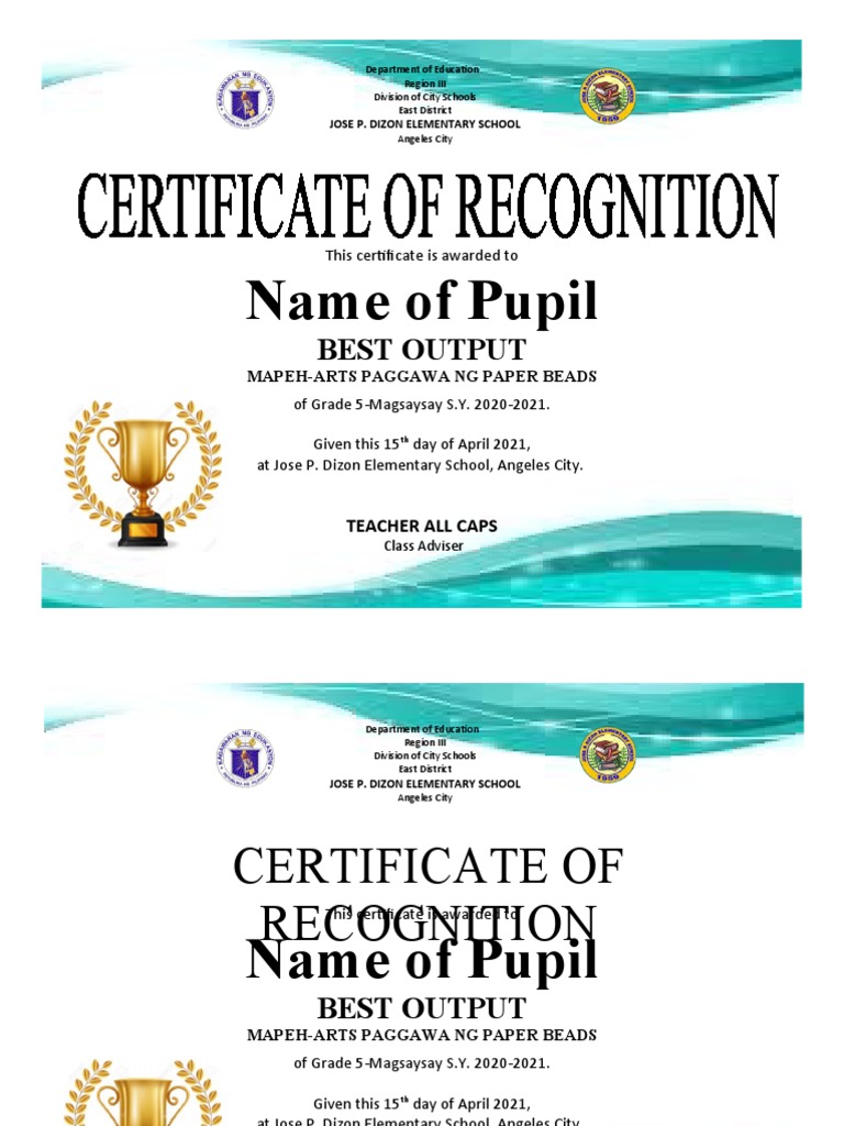 Best Output Certificate in MAPEH Arts | PDF | Sports & Recreation ...