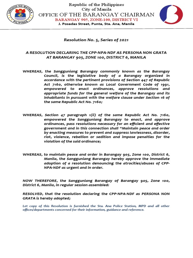 CPP-NPA-NDF Persona Non Grata Resolution | PDF | Public Law | Government