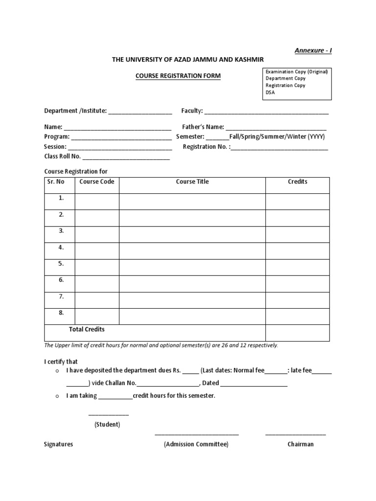 Course Registration Form - Azad Jammu University | PDF