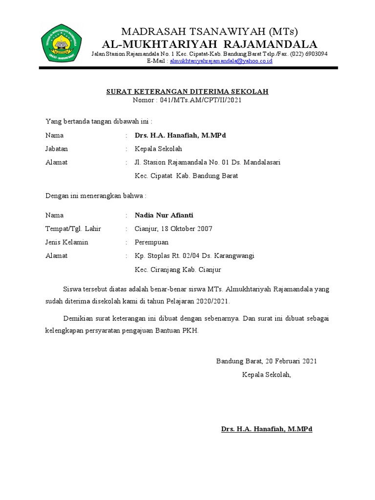 SURAT KETERANGAN DITERIMA DI SEKOLAH (MTS) | PDF