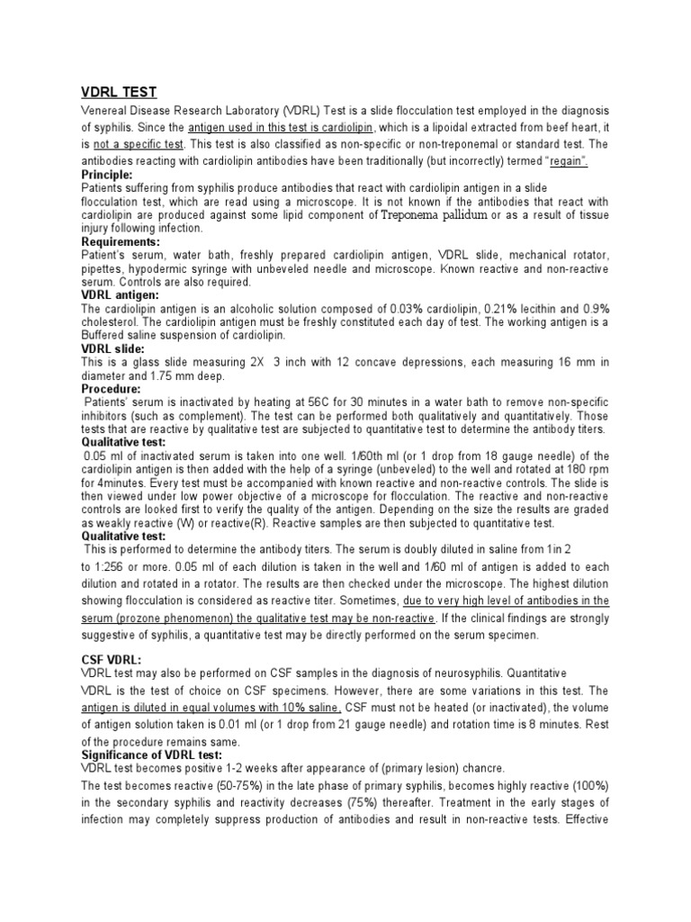 VDRL Test | PDF | Infection | Antibody