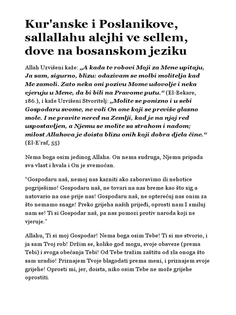 Kur'anske I Poslanikove, Sallallahu Alejhi Ve Sellem, Dove Na Bosanskom ...