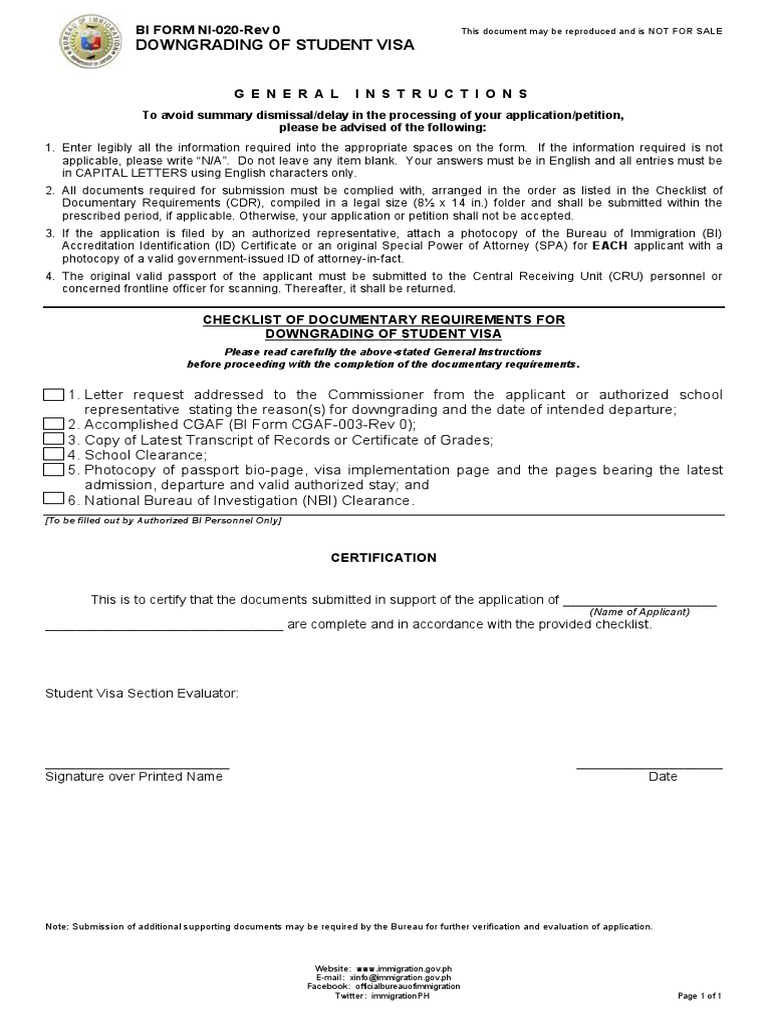 BI FORM NI-020-Rev 0.downgrading of Student Visa | PDF | Travel Visa ...