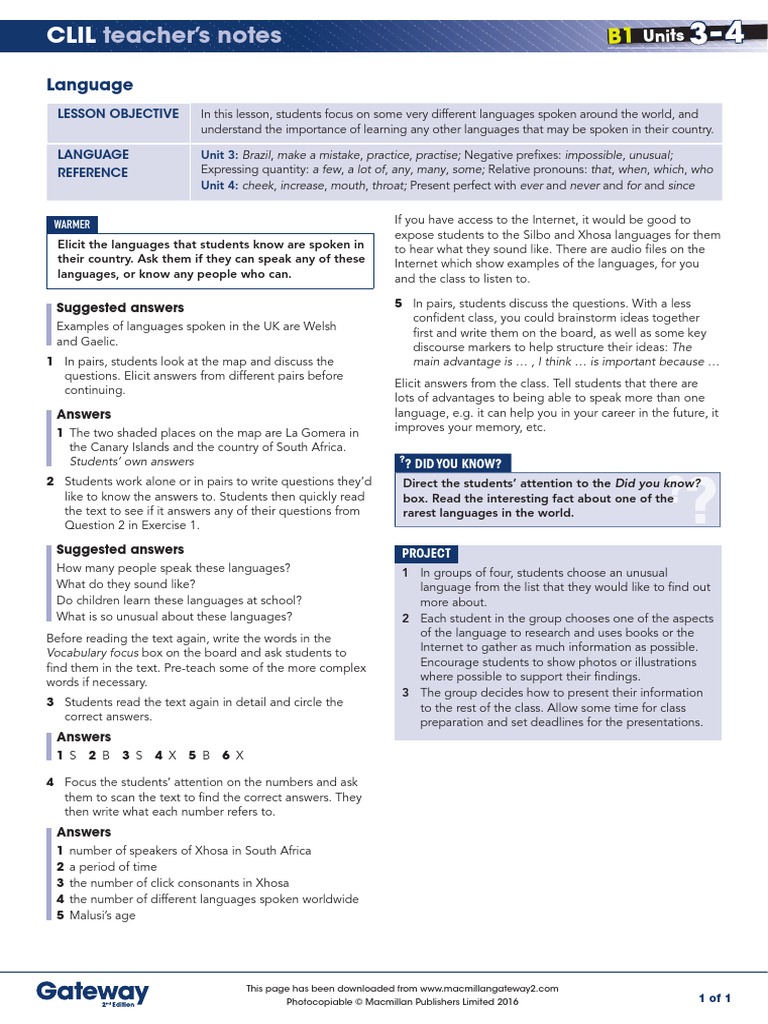 B1 UNITS 3 and 4 CLIL Teacher's Notes | PDF | Question | Vocabulary
