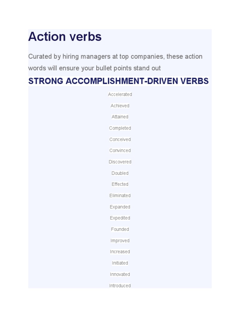 Action Verbs: Strong Accomplishment-Driven Verbs | PDF | Mentorship ...