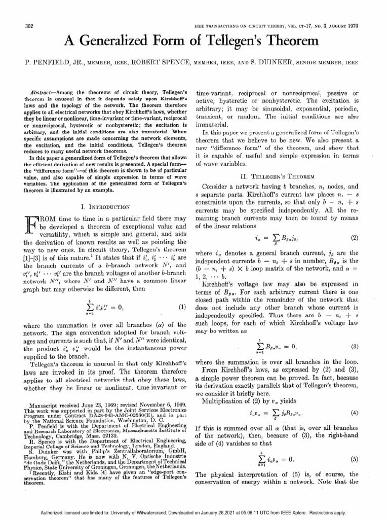 Tellegen's Theorem Generalised | PDF | Vector Space | Electrical Impedance