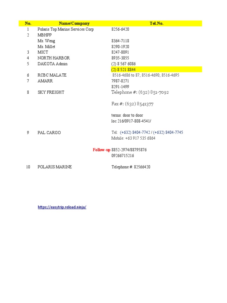 No. Name/Company Tel - No.: Telephone #: (632) 851-7092 Fax #: (632) 8541377 | Descargar gratis ...