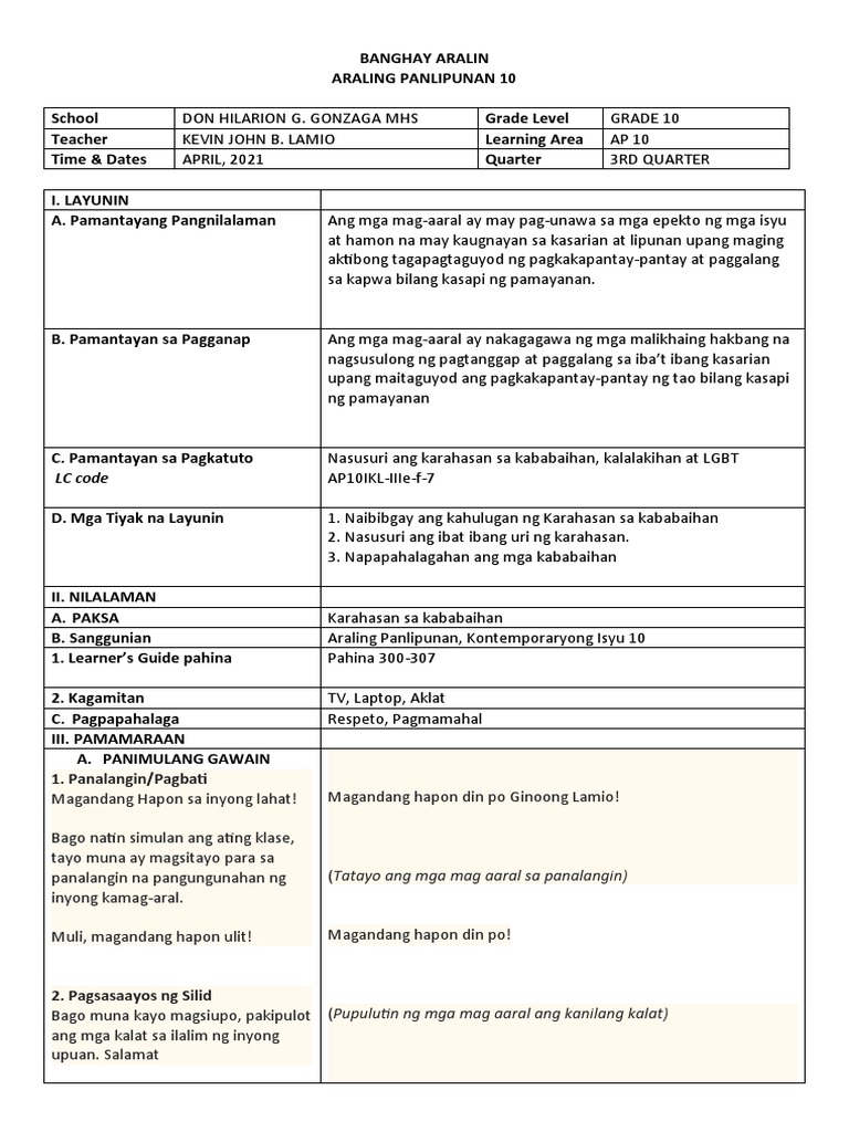 Lesson Plan in Aral. Pan. 9. | PDF