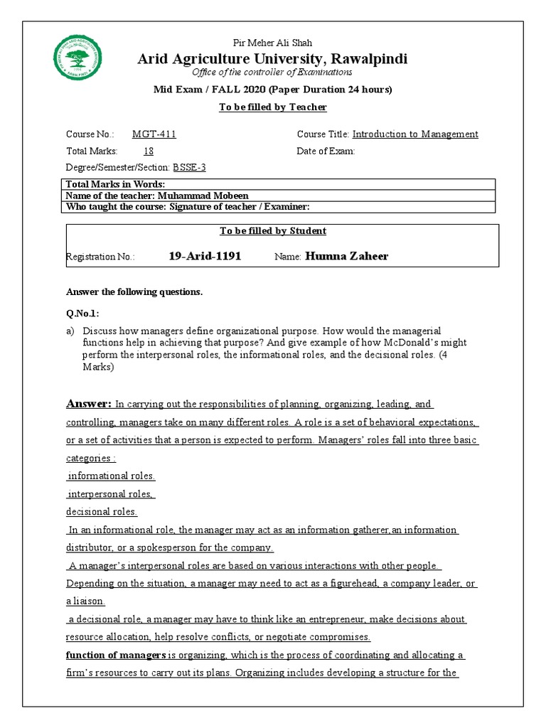 Mid Term Exam MGT 411 (PMAS-AAUR) FALL-2020 | PDF | Business Ethics | Employment