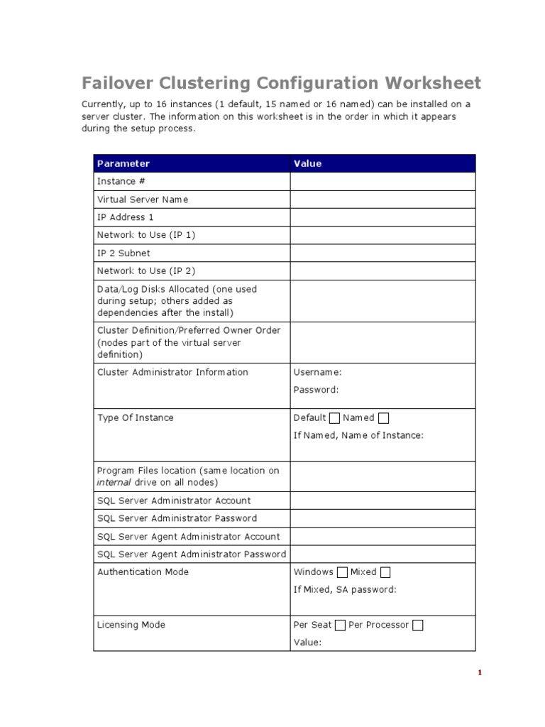 Failover Clustering Configuration Worksheet Parameter Value Pdf Microsoft Sql Server