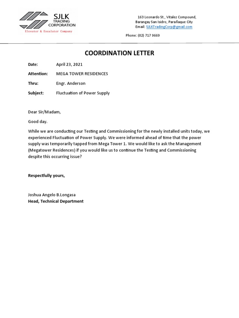 Coordination Letter: Attention: Thru: Subject | PDF