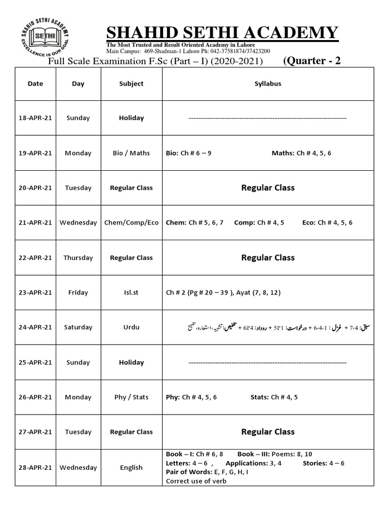 Shahid Sethi Academy: Full Scale Examination F.SC (Part - I) (2020-2021) | PDF