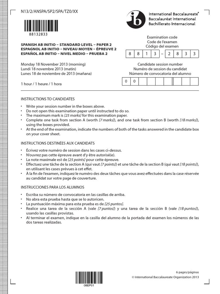 Spanish Ab Initio SL Paper 2 | PDF | Prueba / examen | Escuelas
