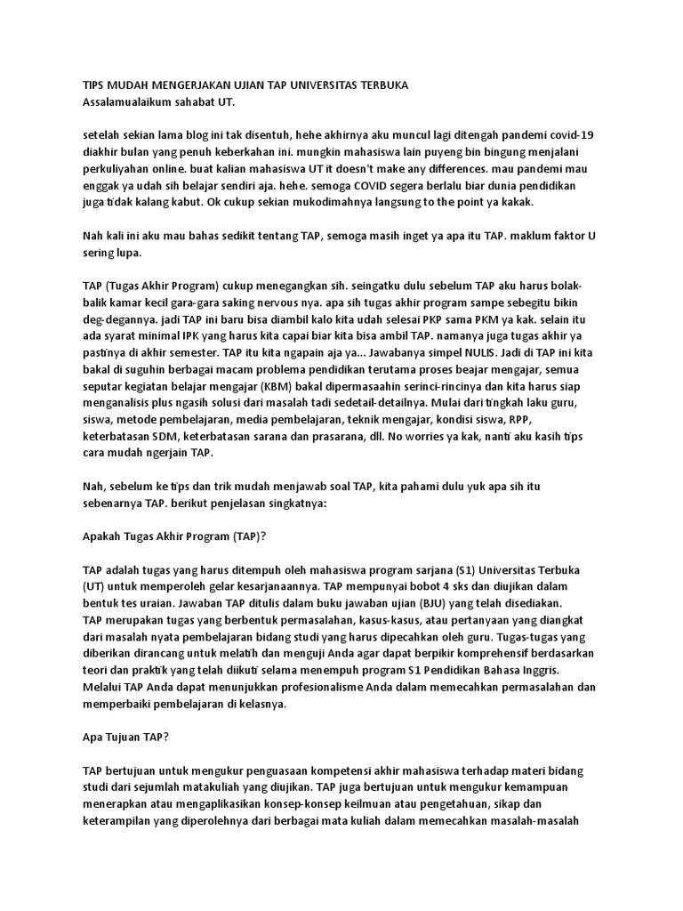 Tips Mudah Mengerjakan Ujian Tap Universitas Terbuka | PDF