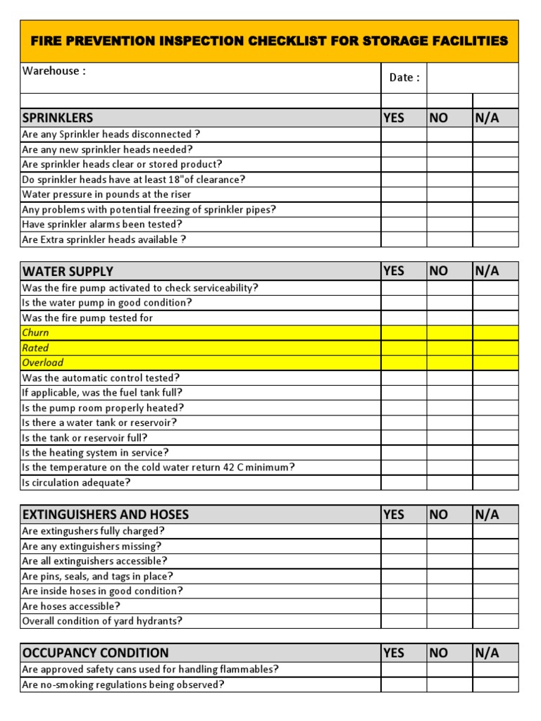 Fire Prevention Checklist For Storage Warehouse | PDF