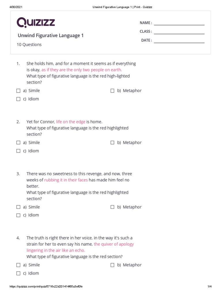 Unwind Figurative Language 1 - Print - Quizizz | PDF | Semiotics ...