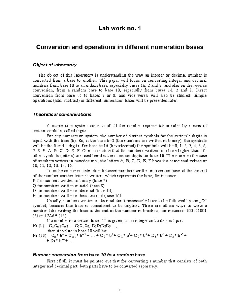 Lab Work No. 1 Conversion and Operations in Different Numeration Bases ...