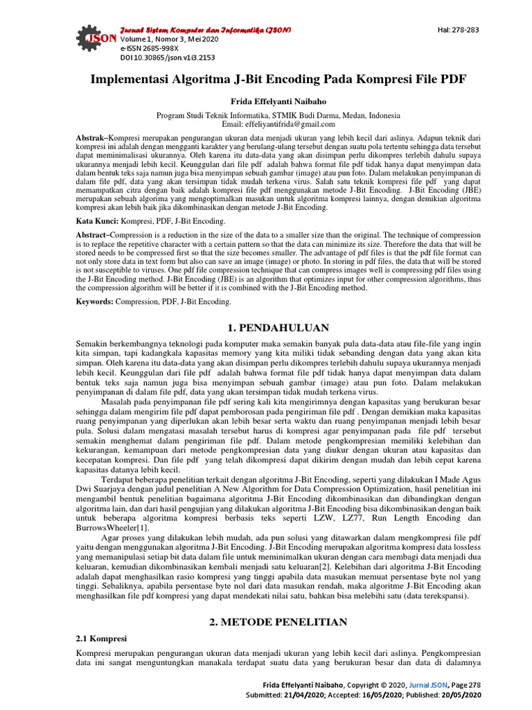 Implementasi Algoritma J-Bit Encoding Pada Kompresi File PDF | PDF