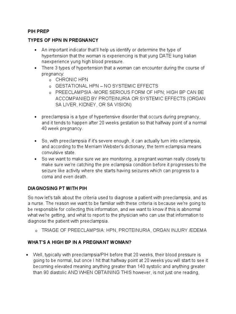 Pih Prep Types of HPN in Pregnancy | PDF | Edema | Kidney