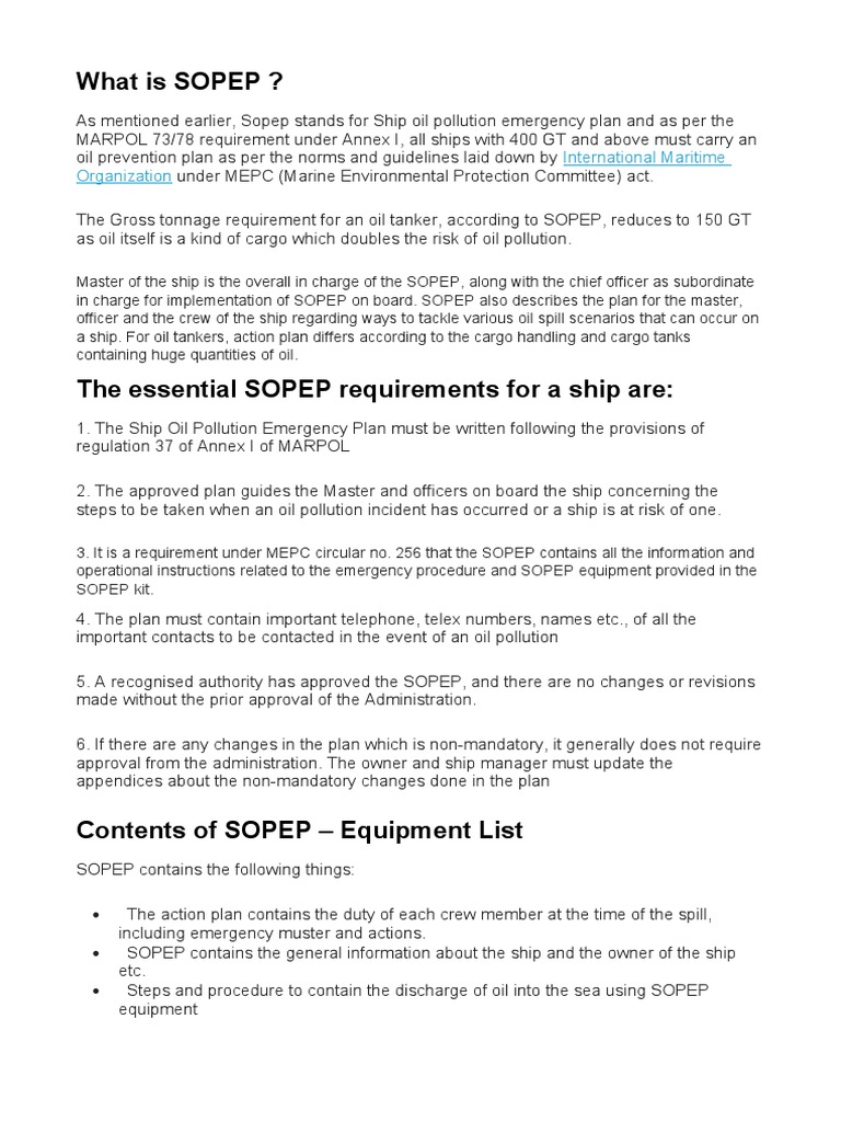 What is SOPEP? Shipboard Oil Pollution Emergency Plan | PDF | Ships ...