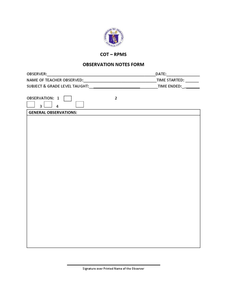 Cot - Rpms Observation Notes Form: General Observations | PDF