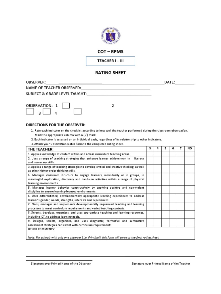 COT RPMS Rating Sheet | PDF | Curriculum | Teachers