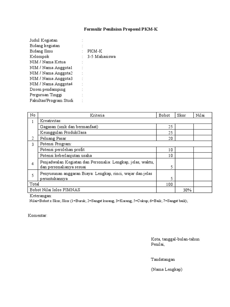 2021-Formulir Penilaian Proposal PKM-K | PDF