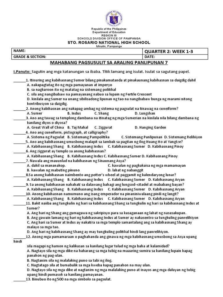 Assessment Ap7 Q2 W1-W3 | PDF