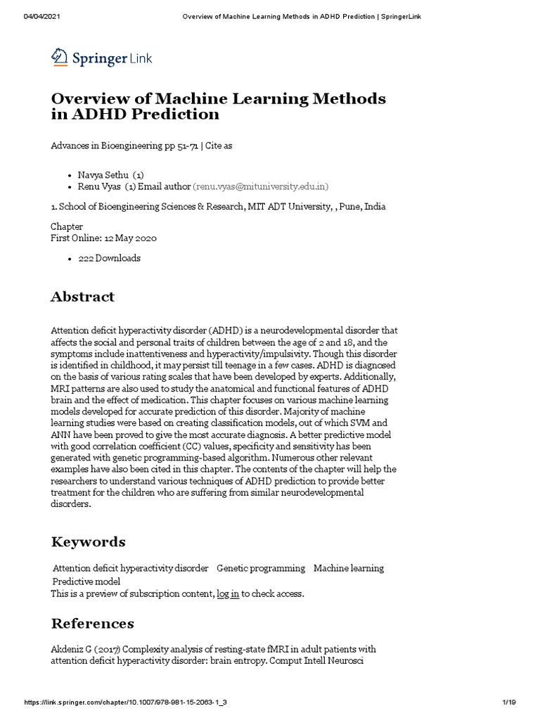 2020 Overview of Machine Learning Methods in ADHD Prediction - SpringerLink | PDF | Attention ...