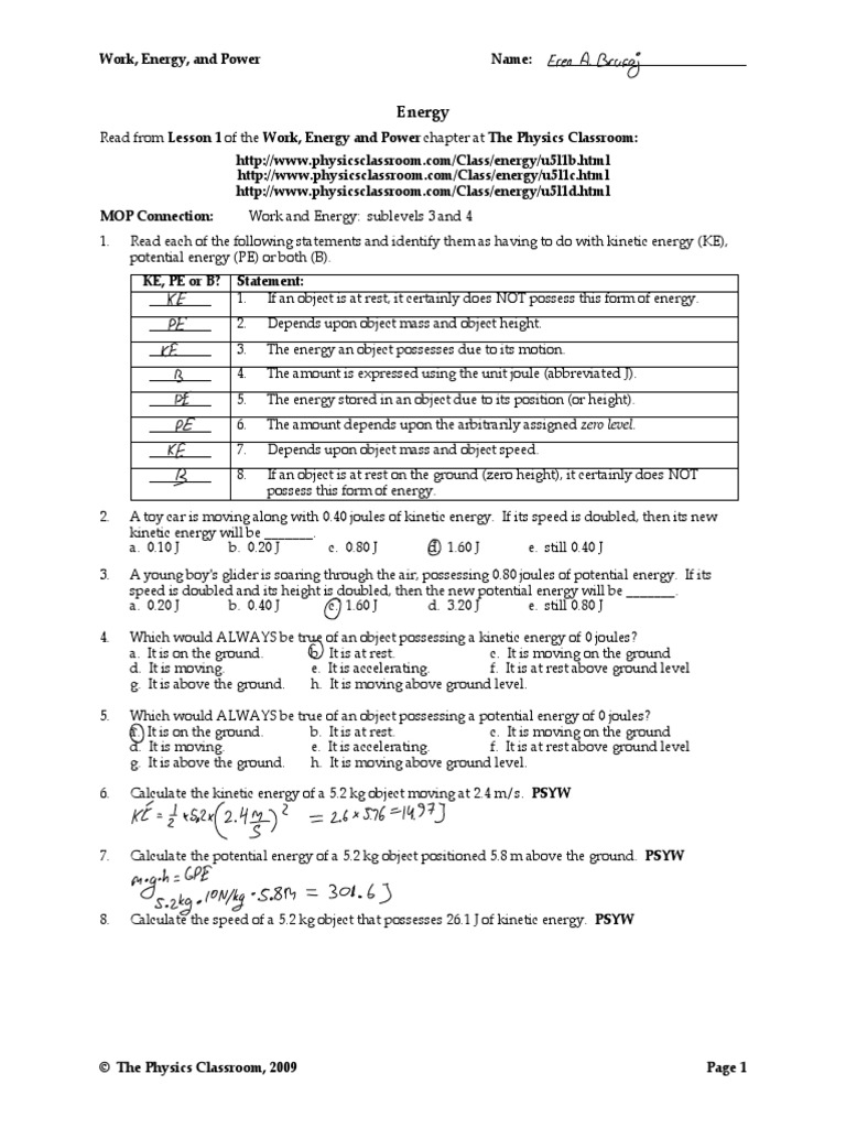 Energy4 Worksheet | PDF | Kinetic Energy | Potential Energy