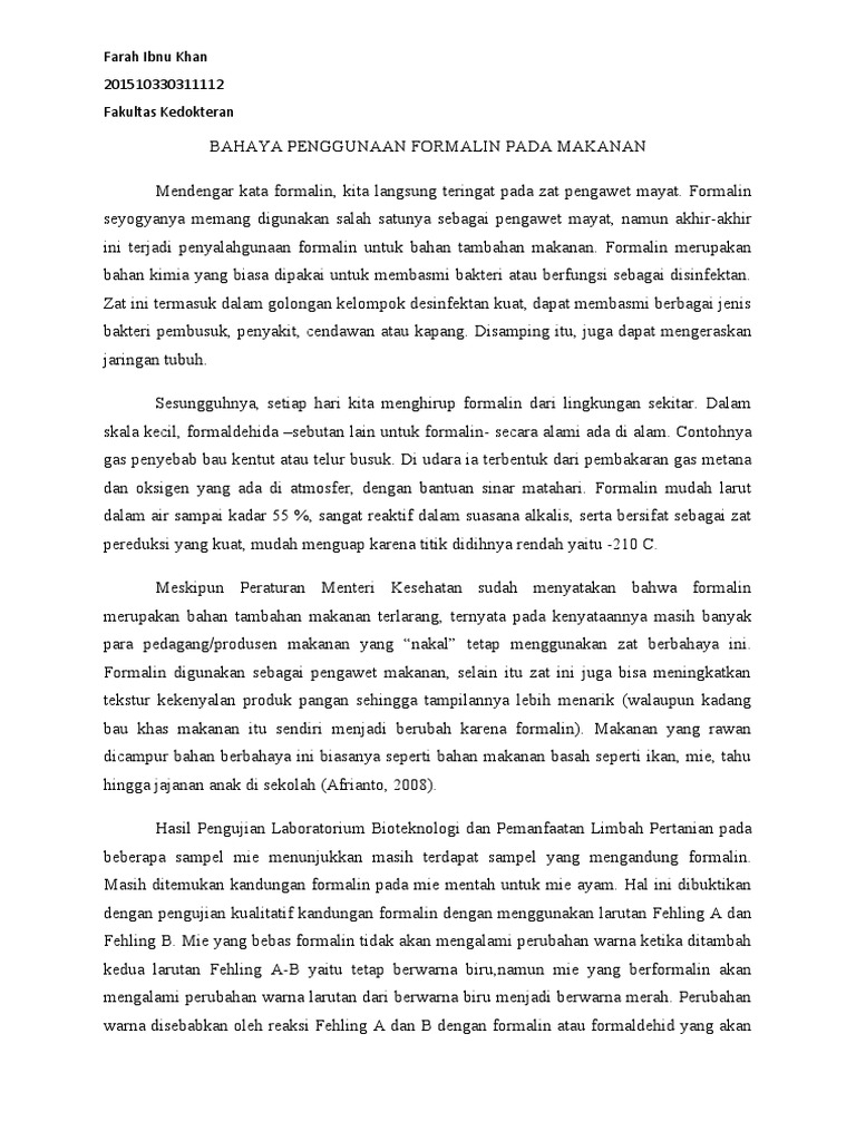 Bahaya Penggunaan Formalin Pada Makanan | PDF