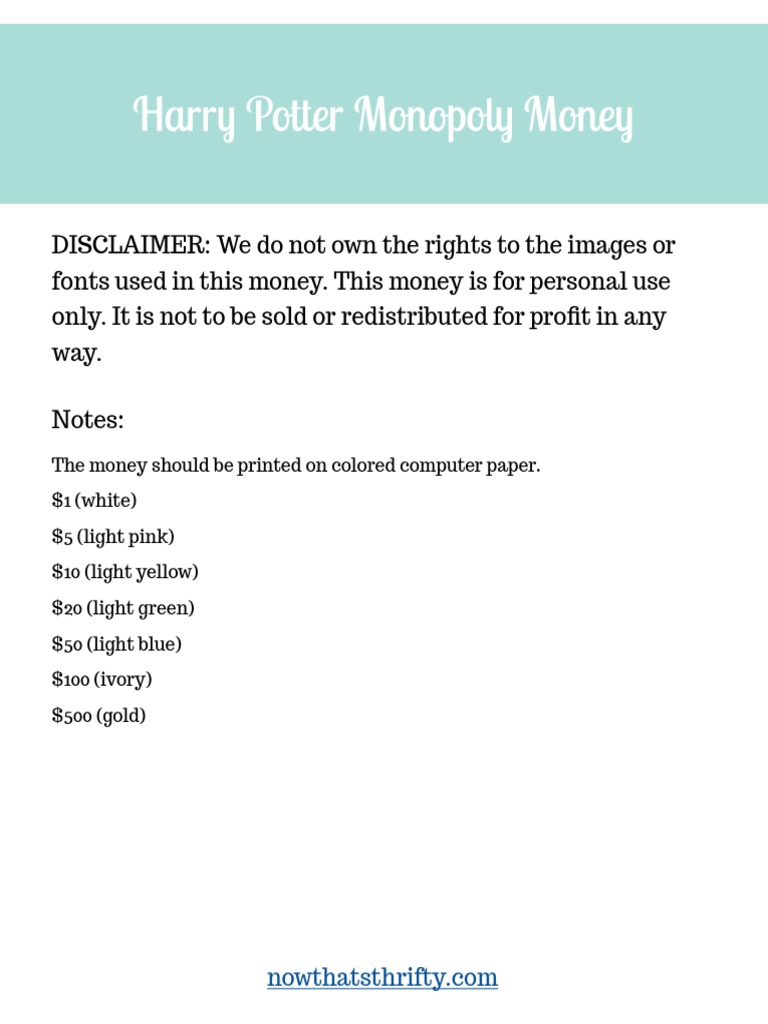 Printable Harry Potter Monopoly Money | PDF