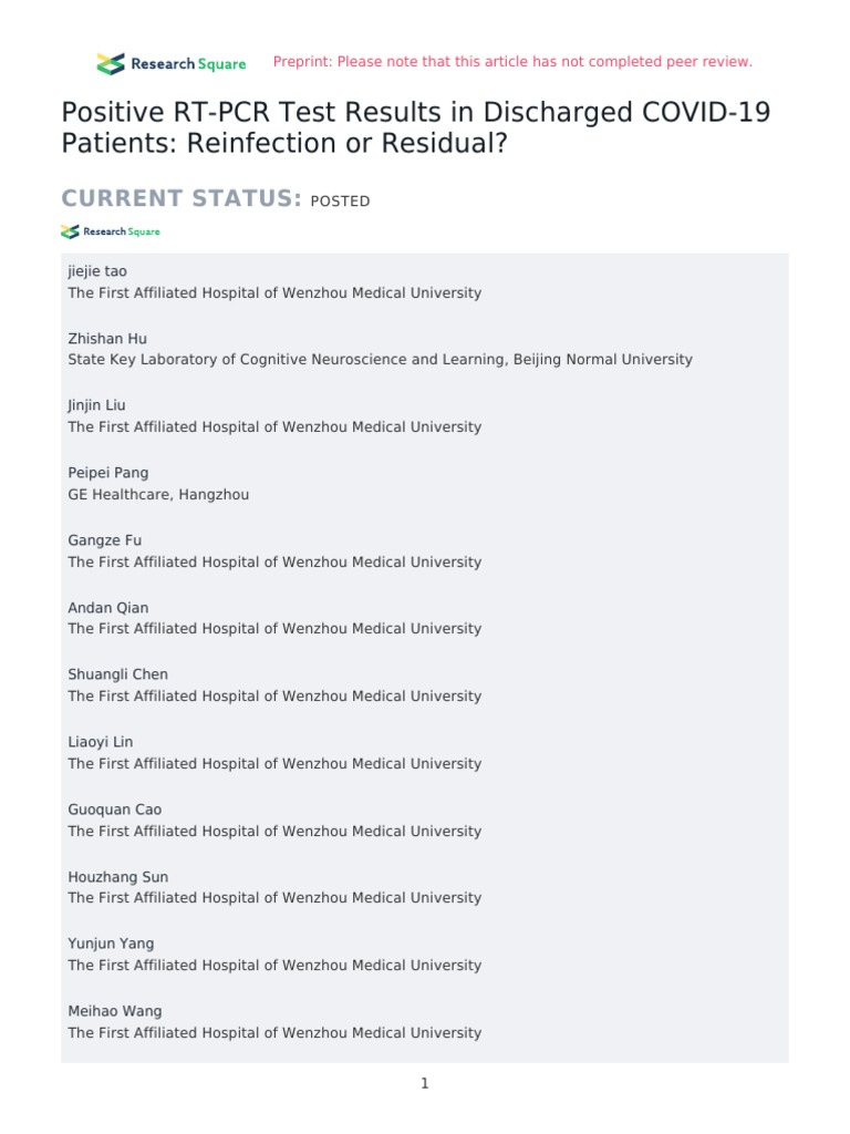 Positive RT-PCR Test Results in Discharged COVID-1 | PDF | Lung ...