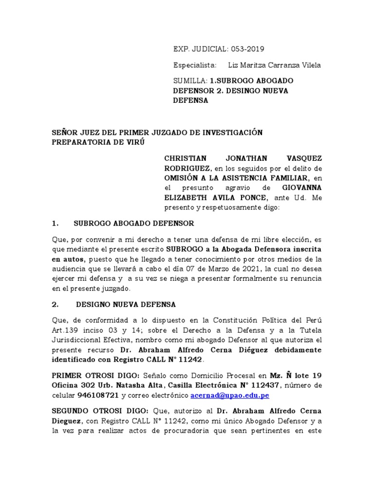 Exp. 053-2019 Subrogo Abogado Defensor y Designo Nueva Defensa | PDF
