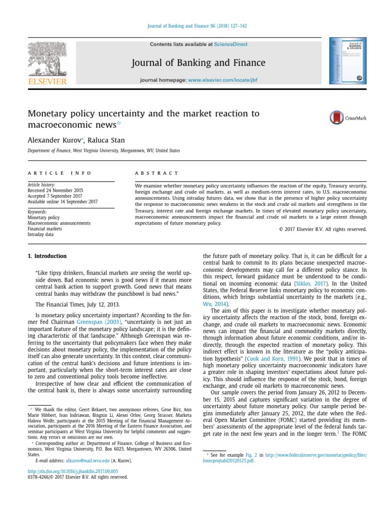 Journal of Banking and Finance: Alexander Kurov, Raluca Stan | PDF ...