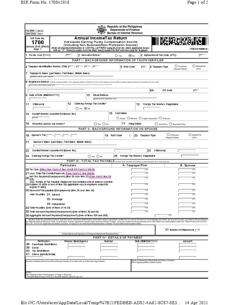 Income Taxation Bir Form | PDF | Taxpayer | Income Tax