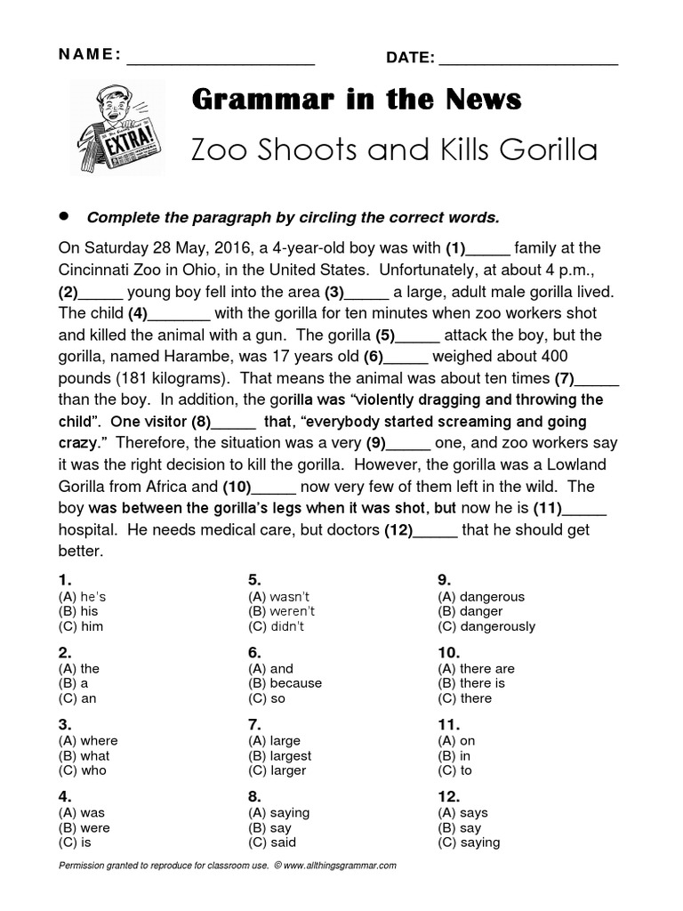 Zoo Shoots and Kills Gorilla: Grammar in The News | PDF | Syntax ...