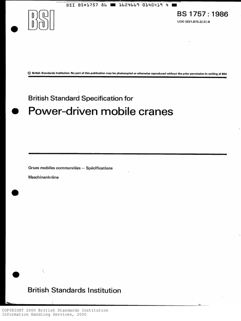 BS 1757 1986 Power-Driven Mobile Cranes | PDF | Regulation | Production ...
