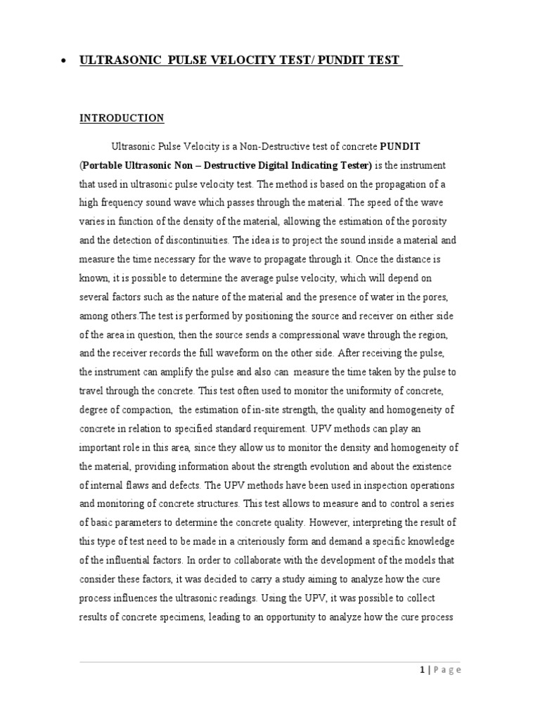 Ultrasonic Pulse Velocity Test/ Pundit Test | PDF