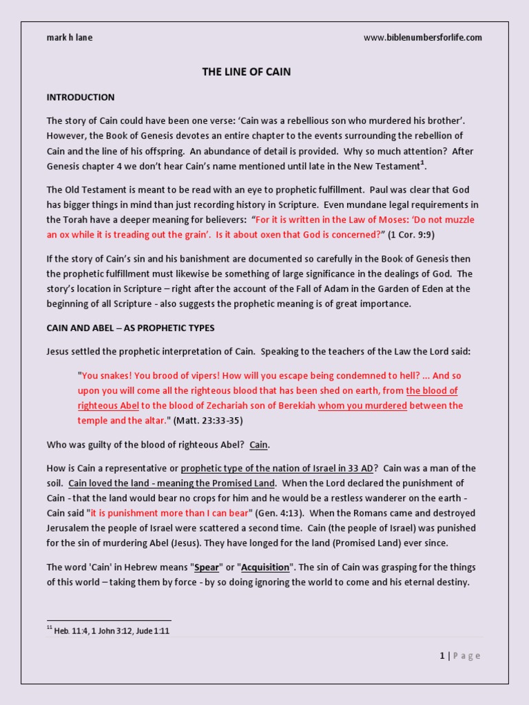The Line of Cain: Mark H Lane | PDF | Cain And Abel | Christianity
