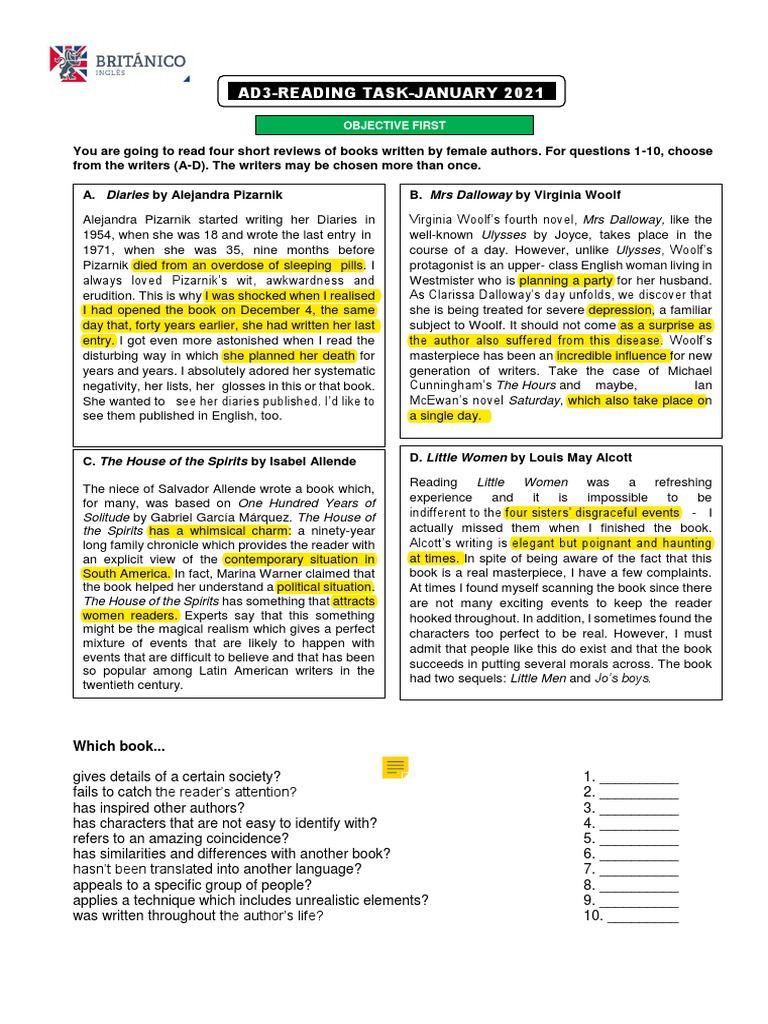AD3 OBJECTIVE FIRST Reading Task Jan 2021 | PDF | Mrs Dalloway | Novels