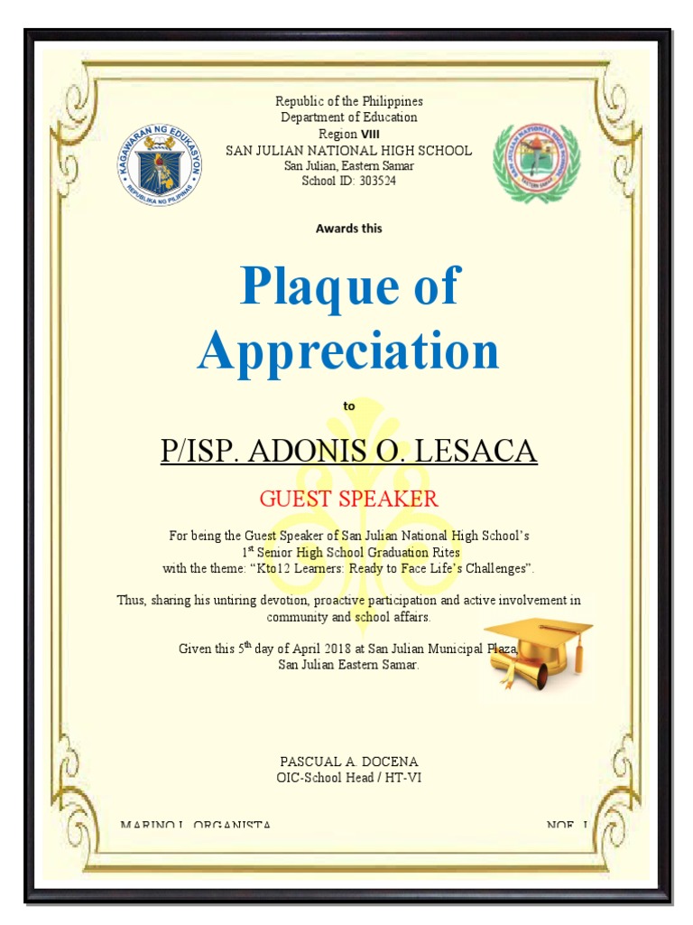 Guest Speaker Appreciation Plaque | PDF