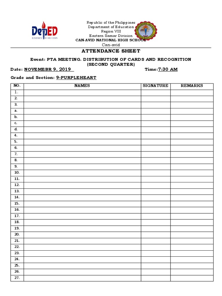 PTA Meeting Attendance Sheet Template | PDF