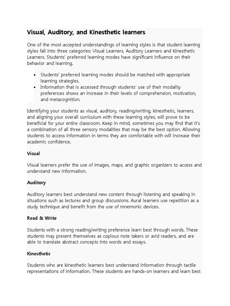 Visual, Auditory, and Kinesthetic Learners | PDF | Learning Styles | Learning