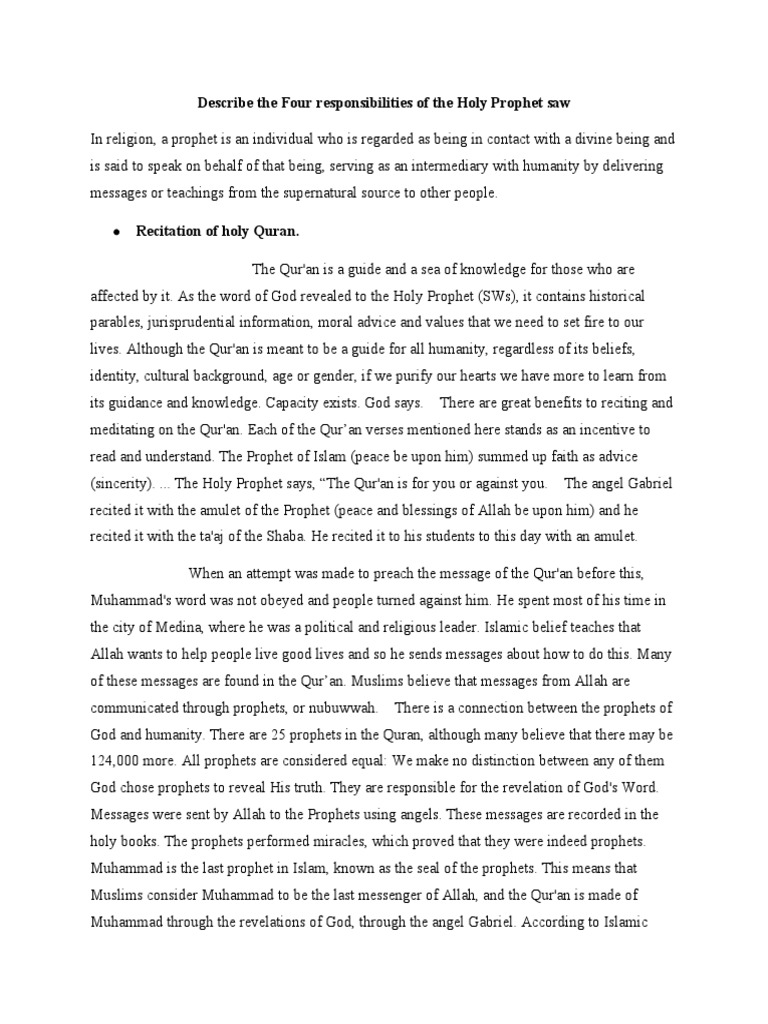 Describe The Four Responsibilities of The Holy Prophet Saw | PDF ...